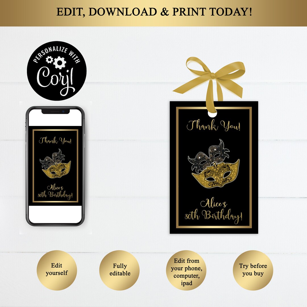 Printable Thank You Tags, Favor Tags, Labels, Masquerade Ball ...