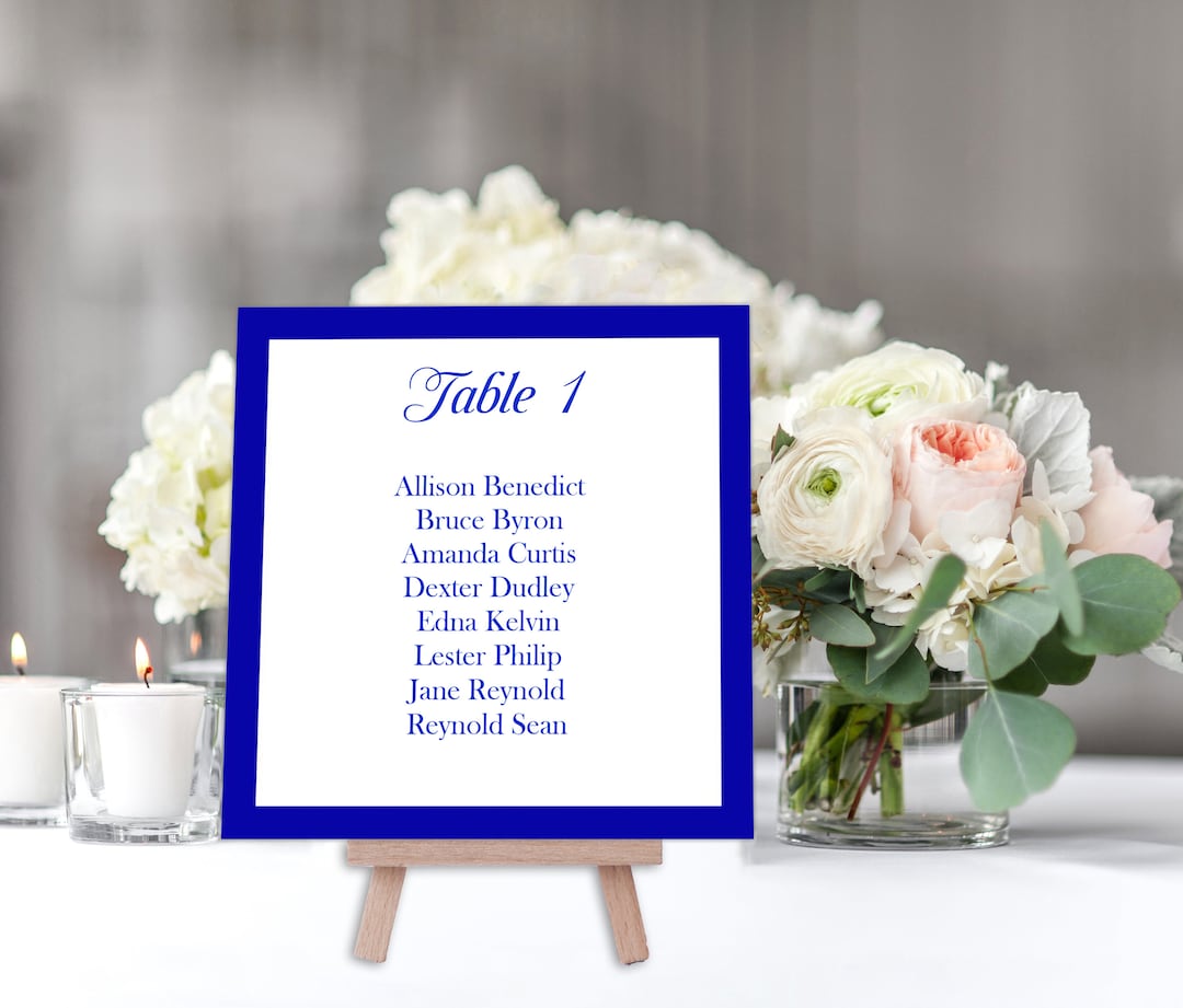 Printable Seating Chart Cards, Table Decoration, Royal Blue Border ...