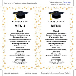 Printable Menu Card Template, Graduation Dinner Menu Template, Stars ...