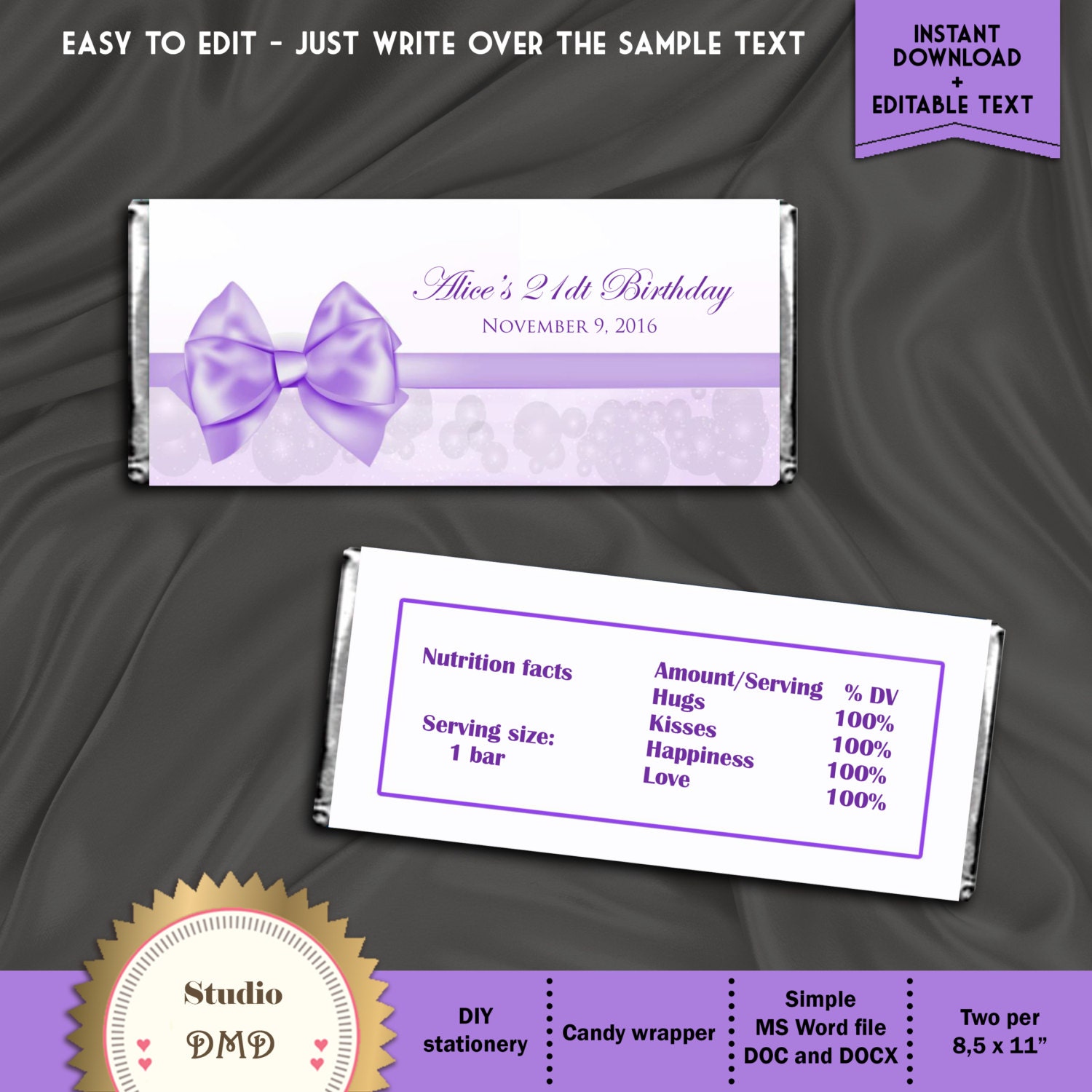 Printable Candy Bar Wrapper Purple Ribbon Birthday Party | Etsy