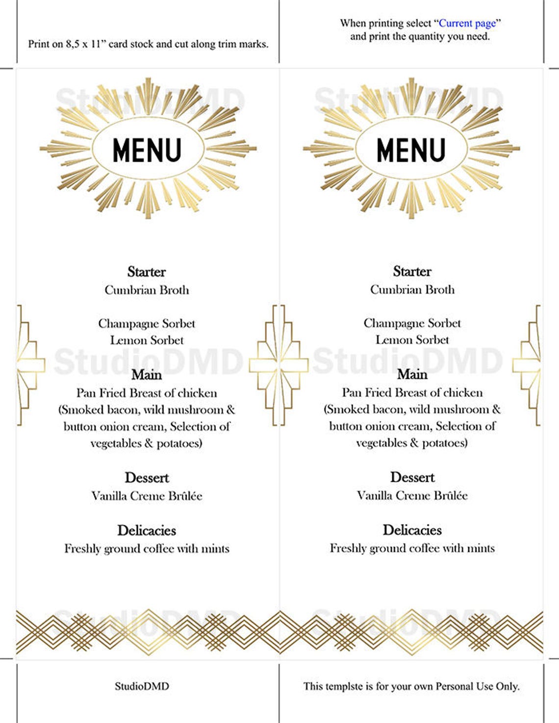 Printable Menu Card Template Great Gatsby Style Art Deco - Etsy