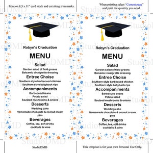 Printable Menu Card Template, Graduation Dinner Menu Template, Blue and ...