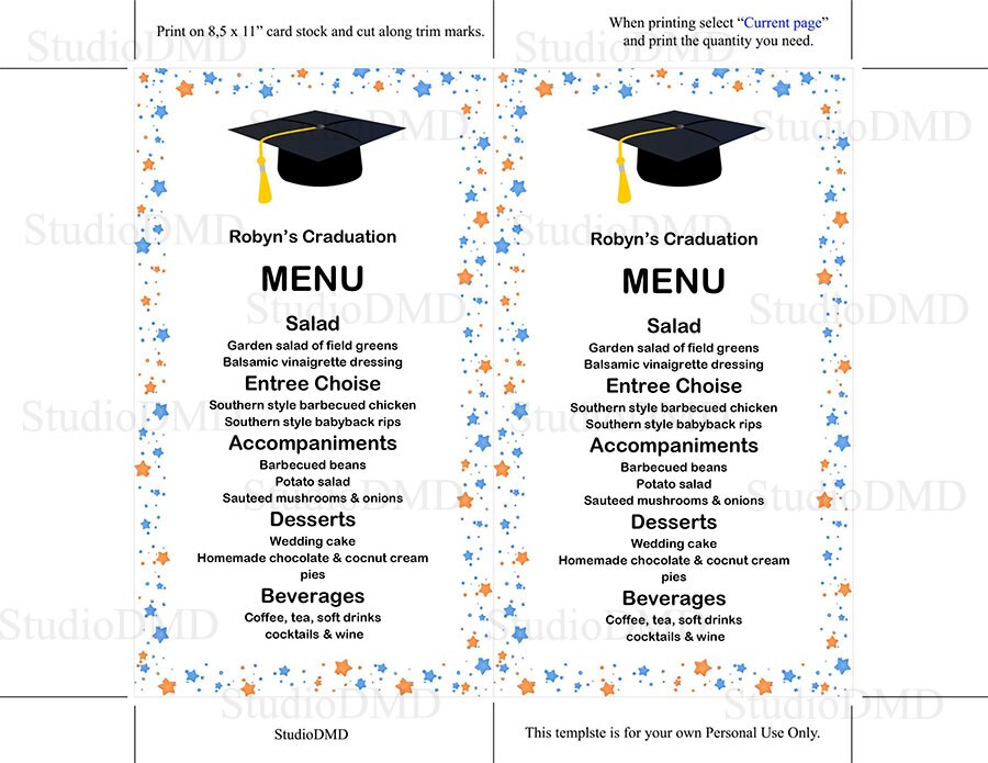 Printable Menu Card Template Graduation Dinner Menu Template | Etsy