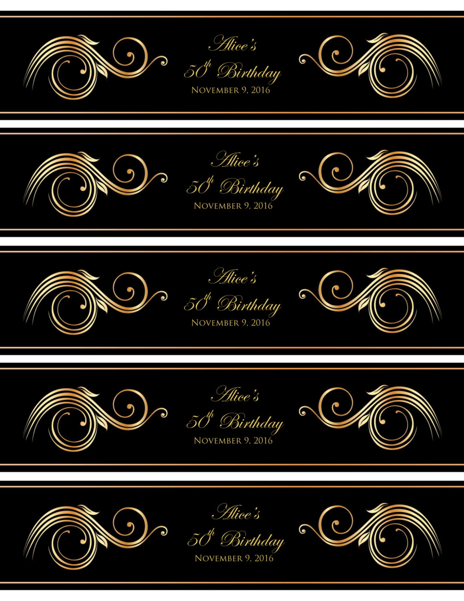 Printable Water Bottle Labels Elegant Black and Gold | Etsy