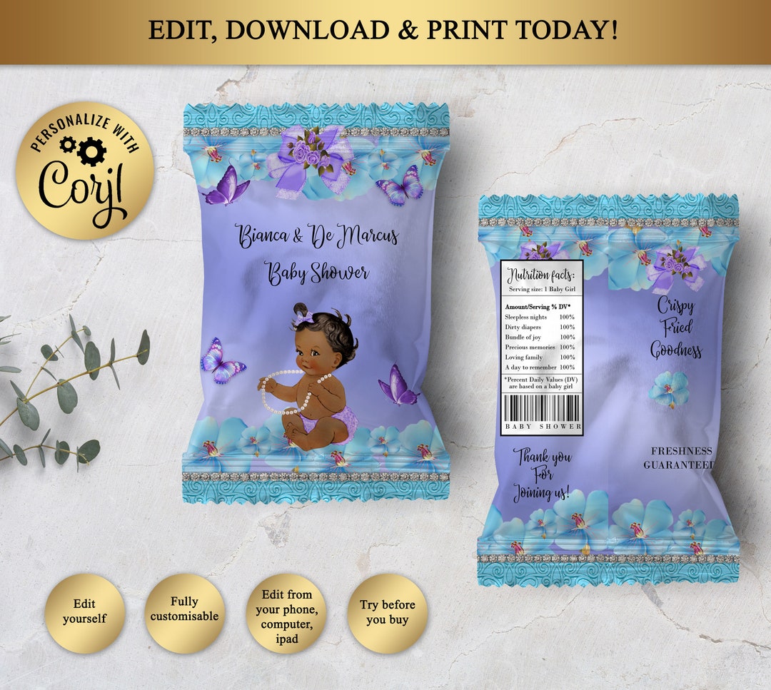 Chip Bag Wrapper, Girl Baby Shower, Girl, Butterflies, Purple ...