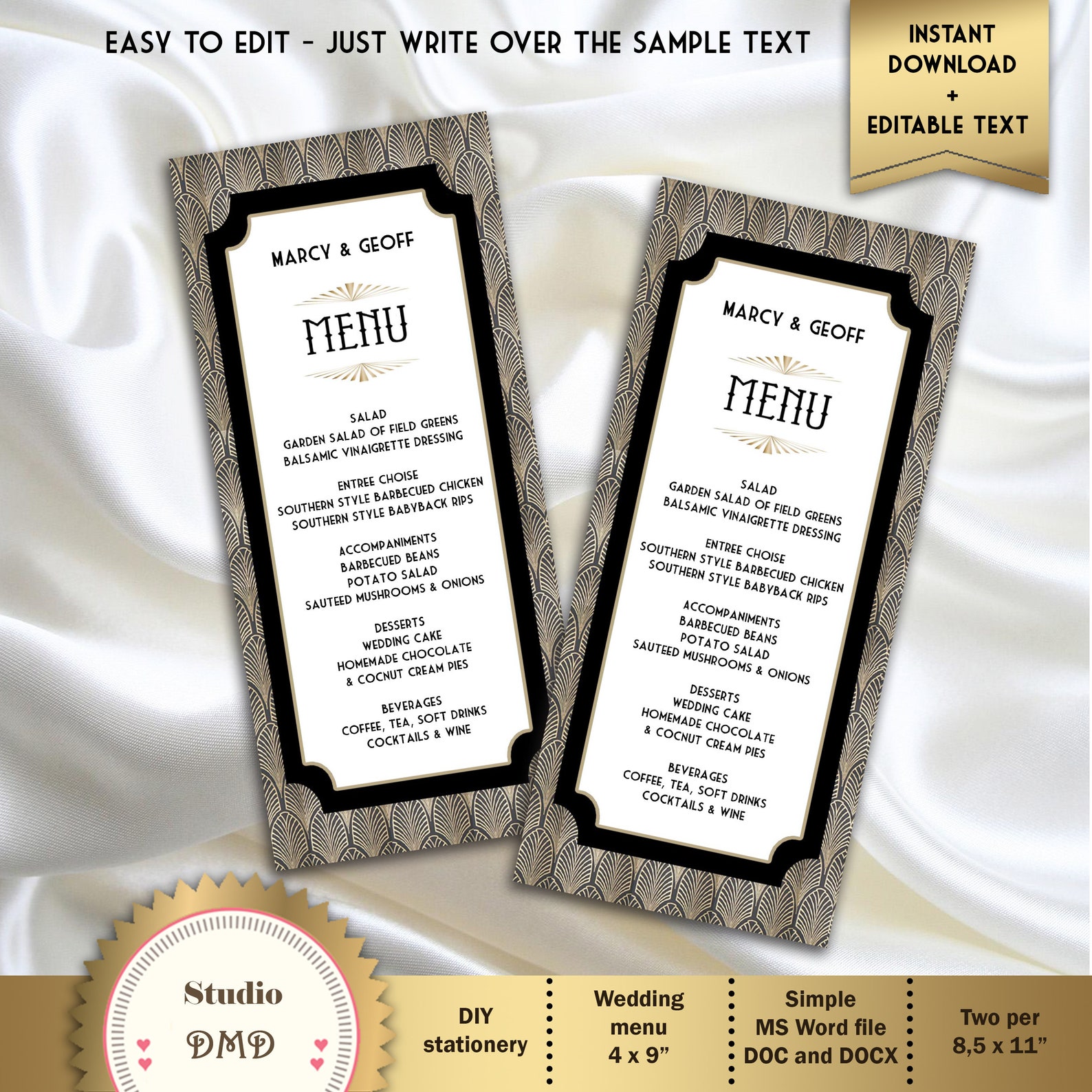 Printable Menu Card Template Great Gatsby Style Art Deco - Etsy