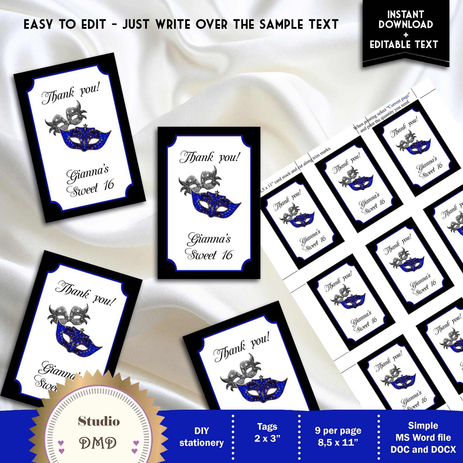 Printable Royal Blue Thank You Tags Favor Tags Labels | Etsy