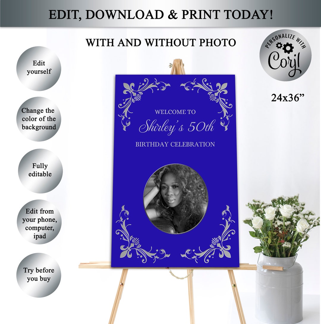 Birthday Welcome Sign, Royal Blue and Silver Sign, Photo Sign, Elegant ...