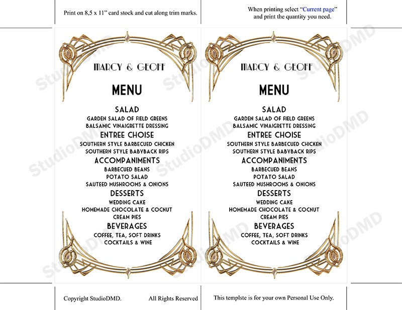 Printable Menu Card Template Great Gatsby Style Art Deco | Etsy