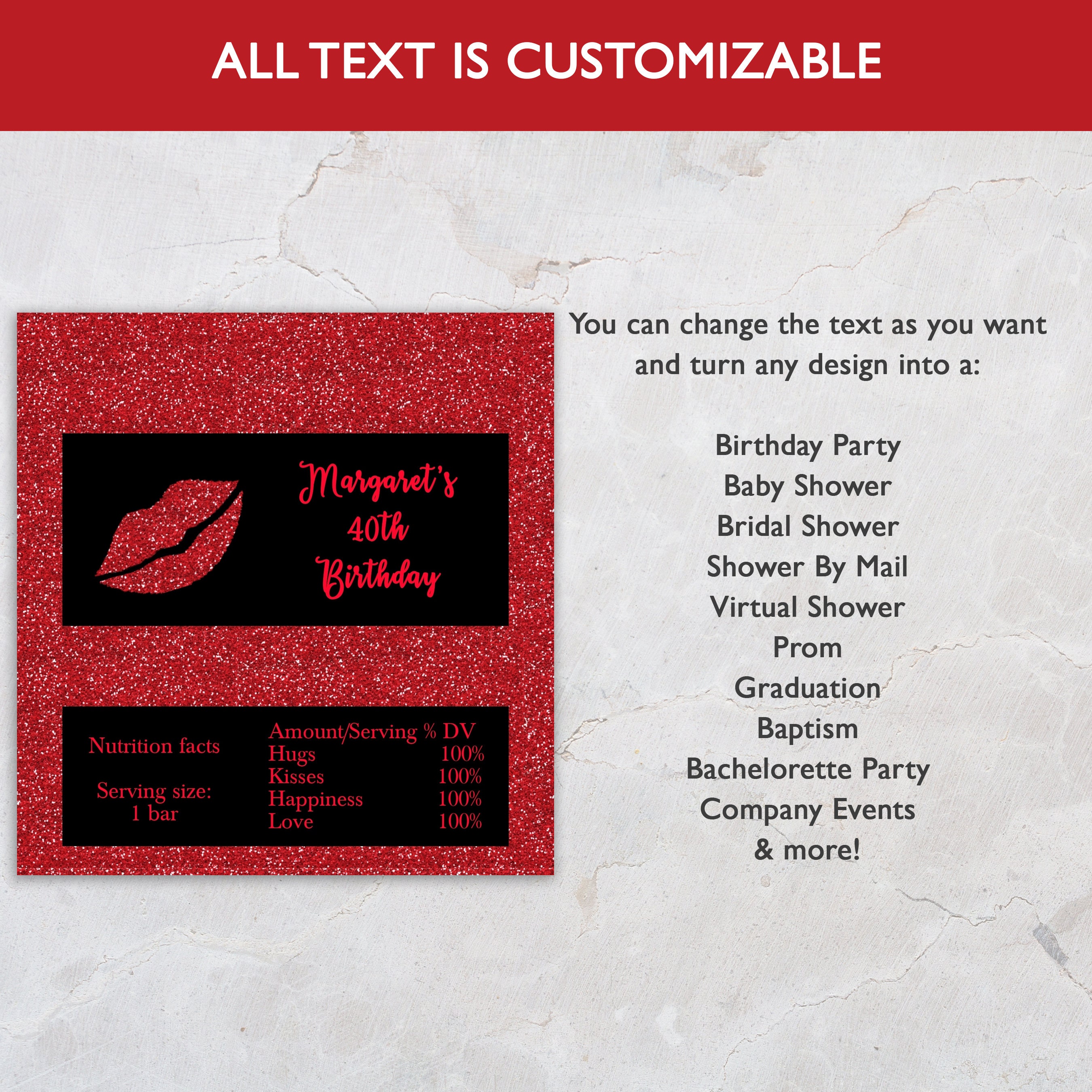 Glitter Red Lips Candy Bar Wrapper Birthday Party Favors | Etsy