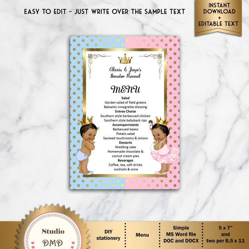 Printable Menu Card Template Gender Reveal Menu Baby Shower | Etsy