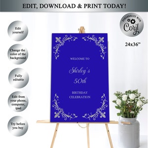 Birthday Welcome Sign, Royal Blue and Silver Sign, Photo Sign, Elegant ...