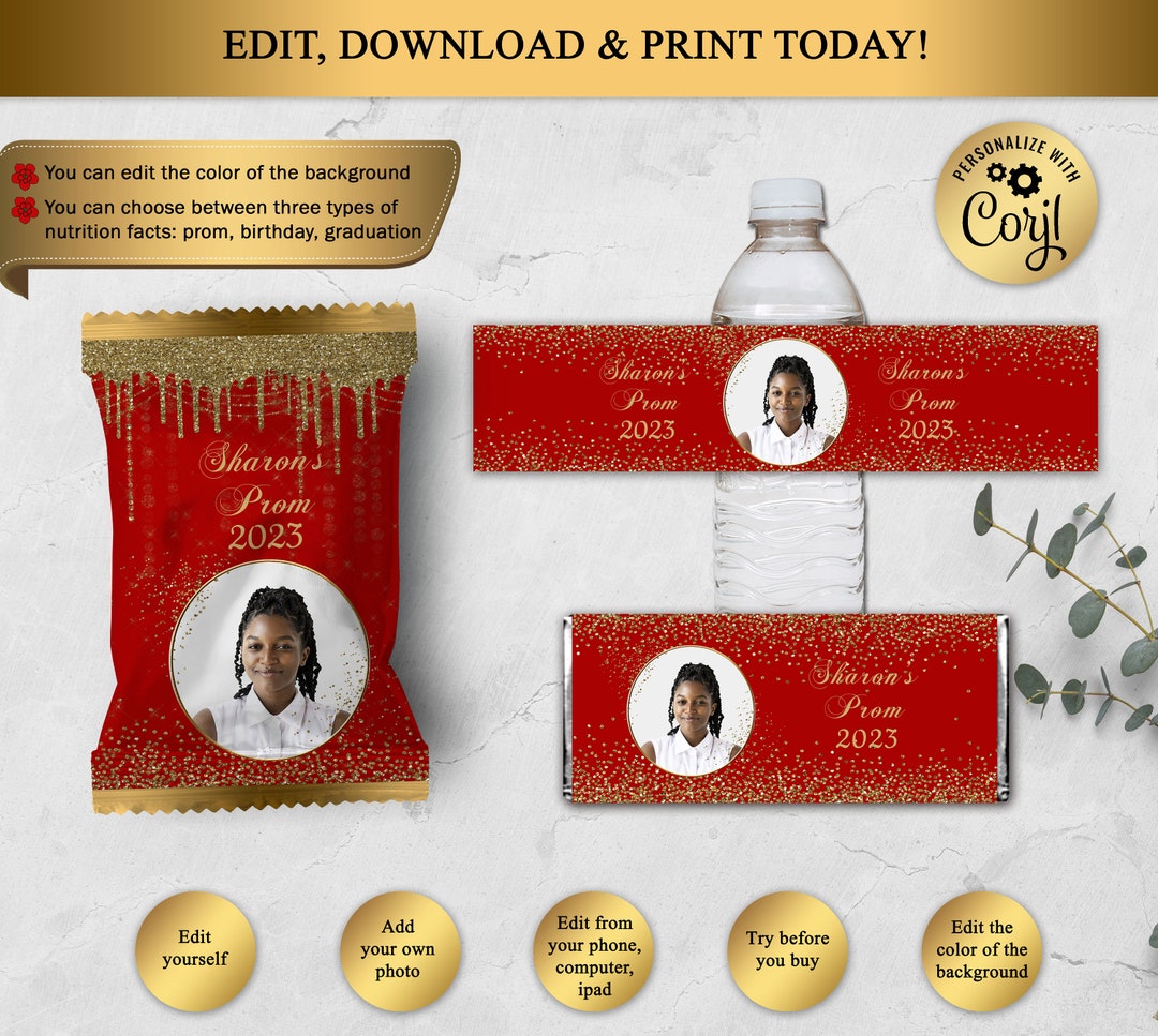 PROM Send-off, Red and Gold Prom BUNDLE Hershey Candy Wrapper, Chip Bag ...