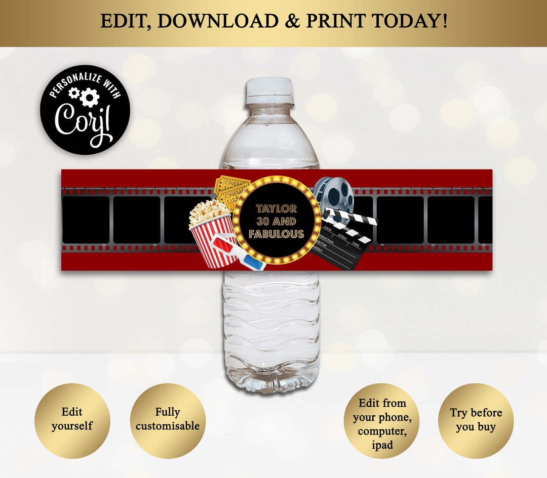 Backyard Movie Night Water Bottle Label, Birthday Party Decoration ...