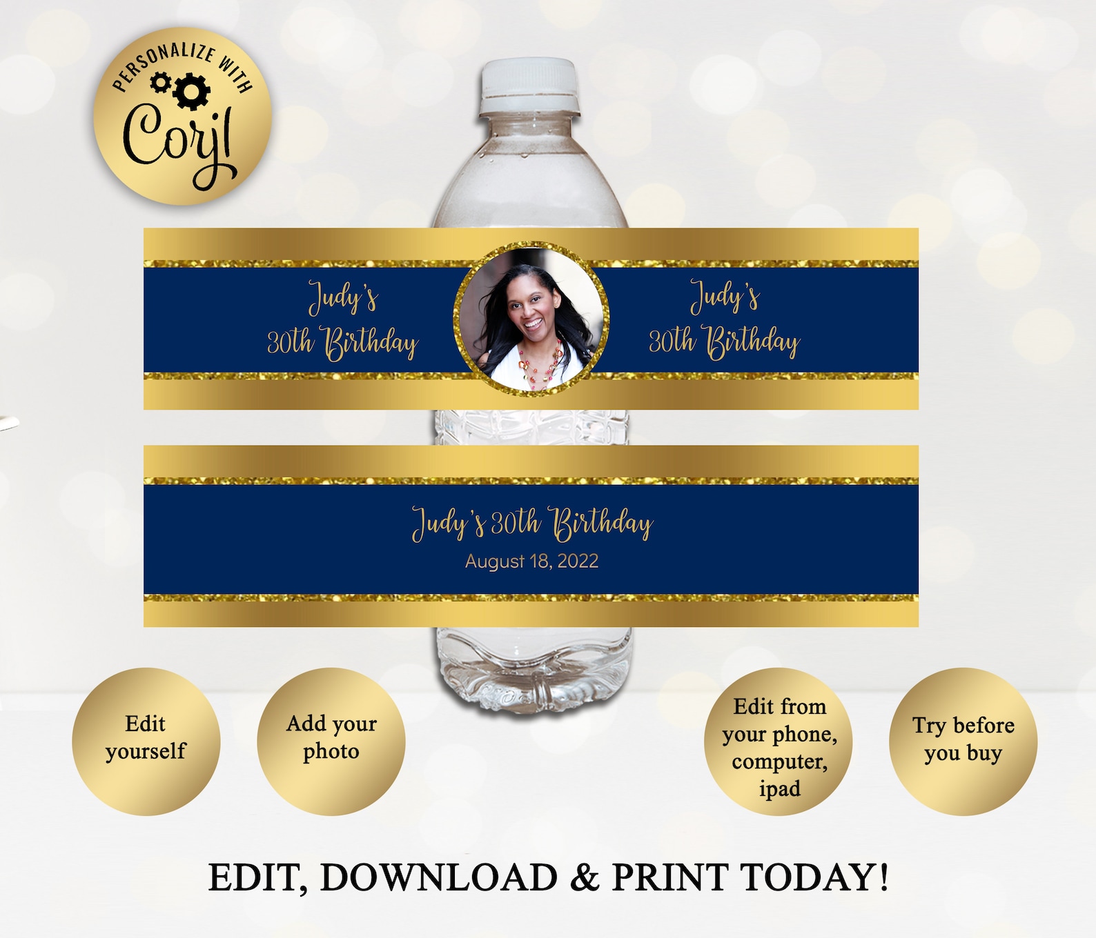 Navy Blue and Gold Water Bottle Label With Photo Birthday - Etsy