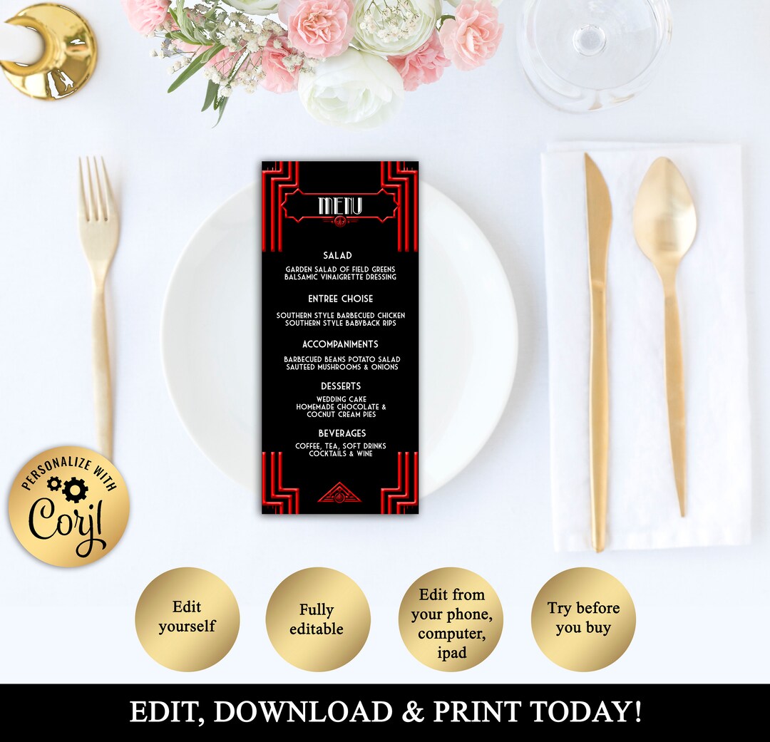 Printable Menu Template, Birthday or Wedding Menu, Art Deco Great ...