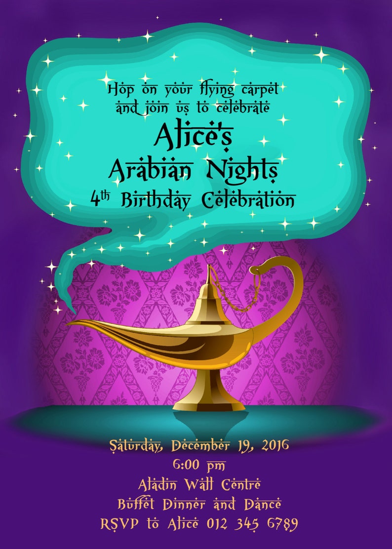 Aladdin Lamp Birthday Party Invitation Purple Pink 1st 16th | Etsy
