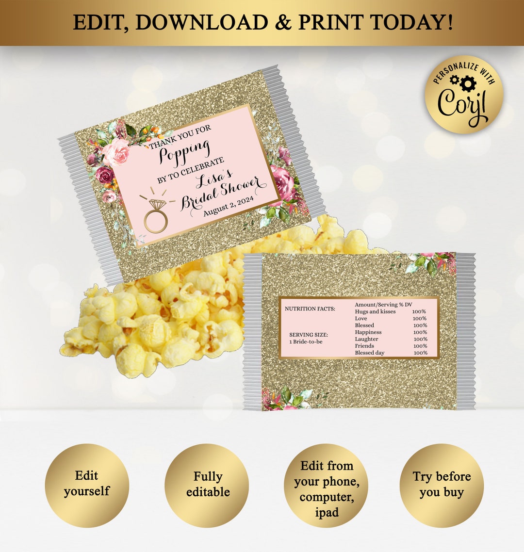 Printable Microwave Popcorn Wrapper, Bridal Shower Popcorn Wrapper ...