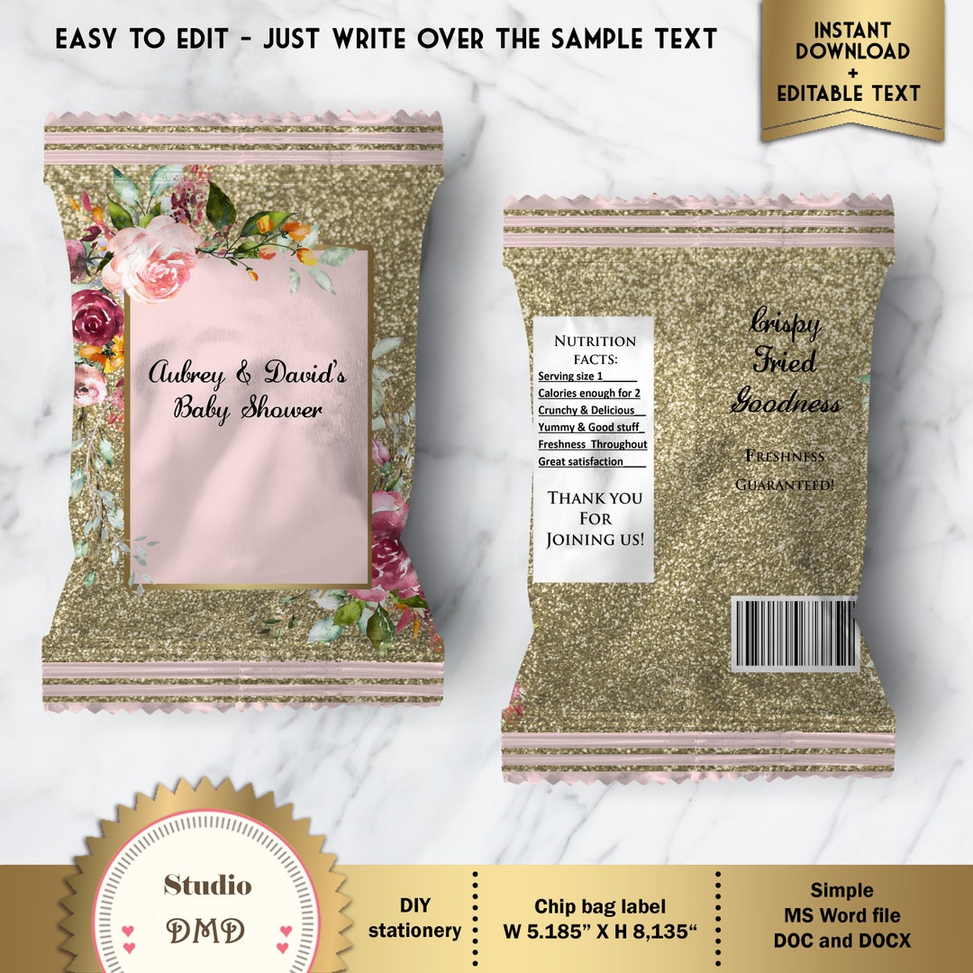 Printable Chip Bag Wrapper Labels, Girl Baby Shower, Baby Girl, Gold ...