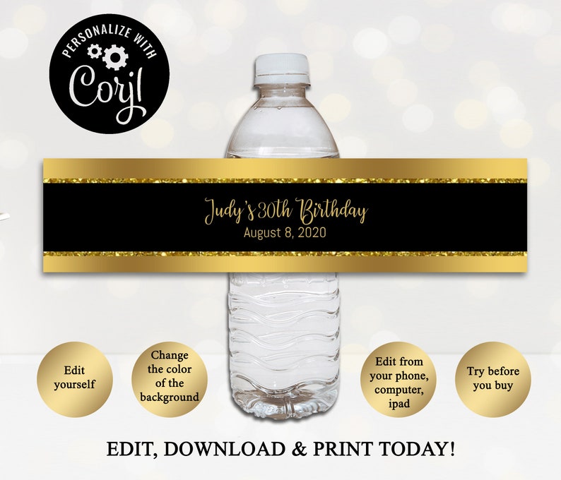 Black and Gold Water Bottle Label Birthday Party Decoration - Etsy