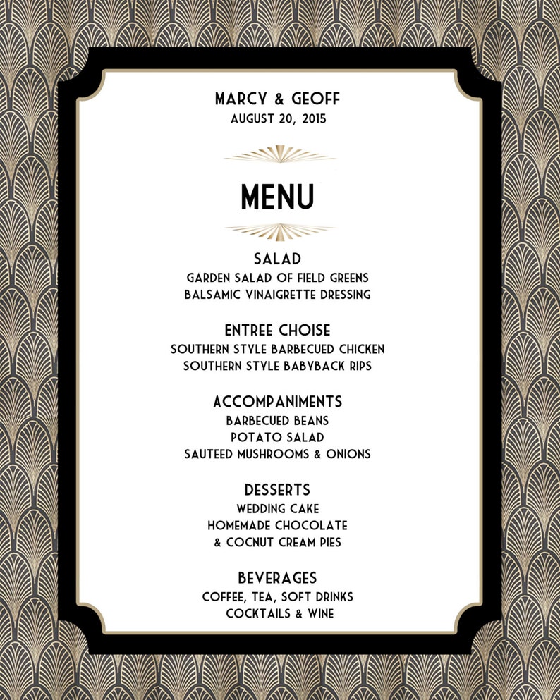 Printable Menu Card Template Great Gatsby Style Art Deco - Etsy