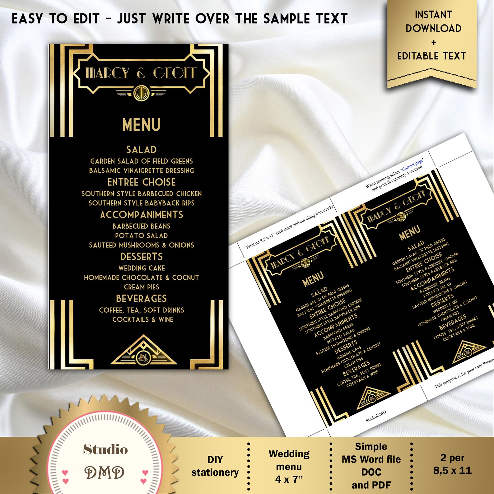 Printable Menu Template Art Deco Great Gatsby Inspired - Etsy