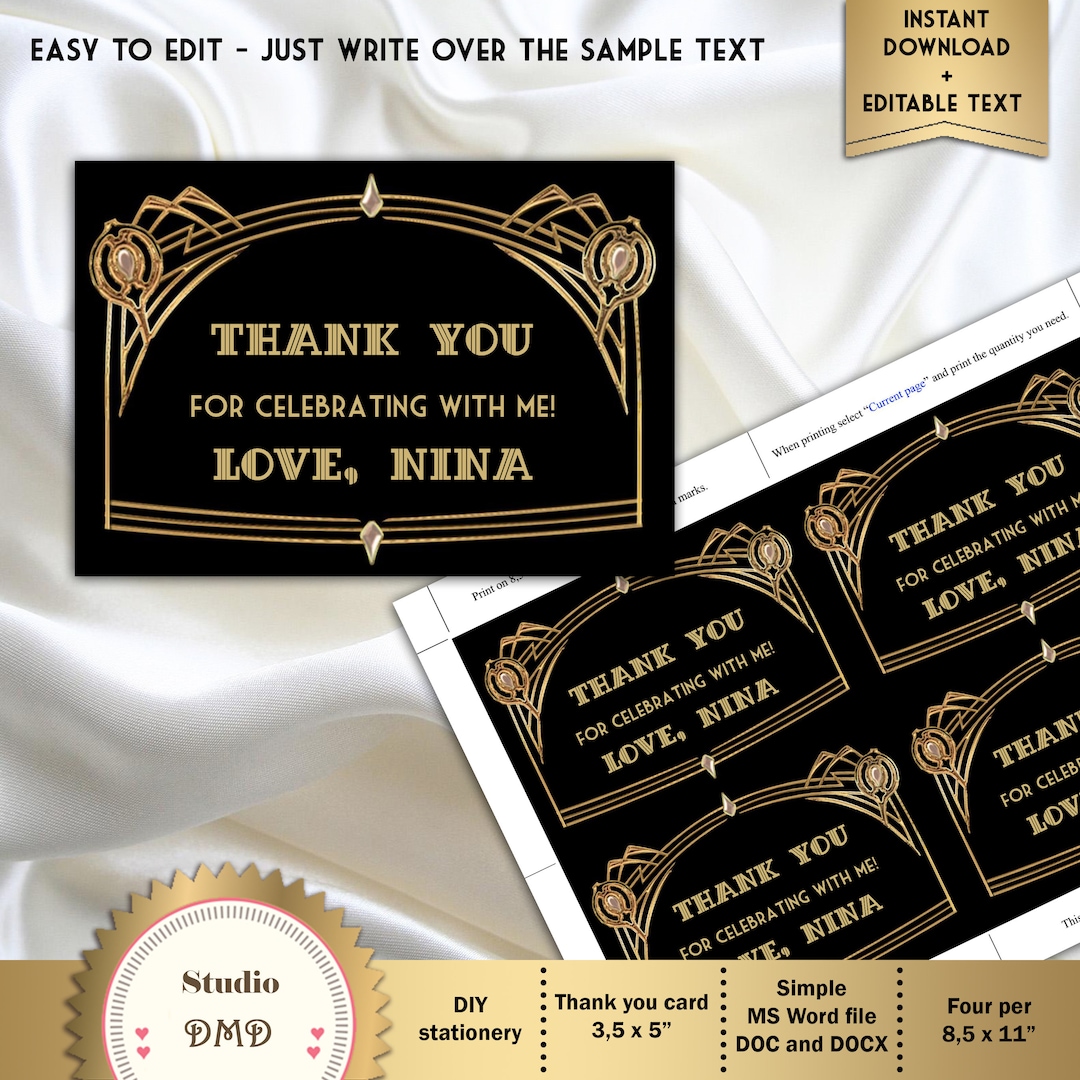 Great Gatsby Style Art Deco Thank You Card, Black and Gold DOWNLOAD ...