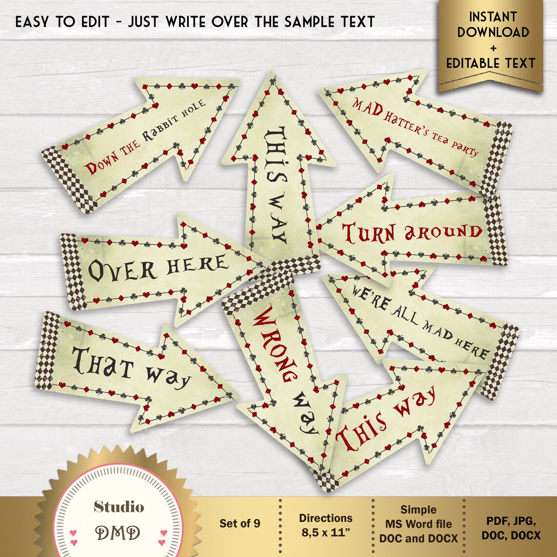 Alice in Wonderland Direction Arrow Signs Set of 9 This Way | Etsy