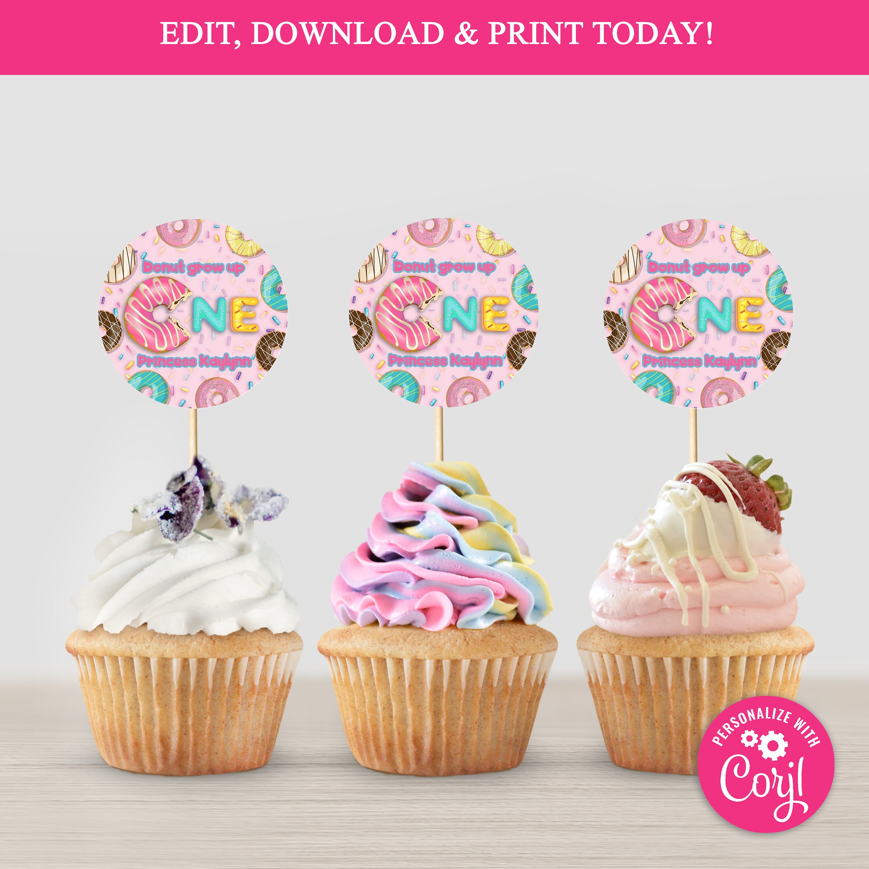 Editable Birthday Cupcake Toppers Girl First Birthday Donuts | Etsy