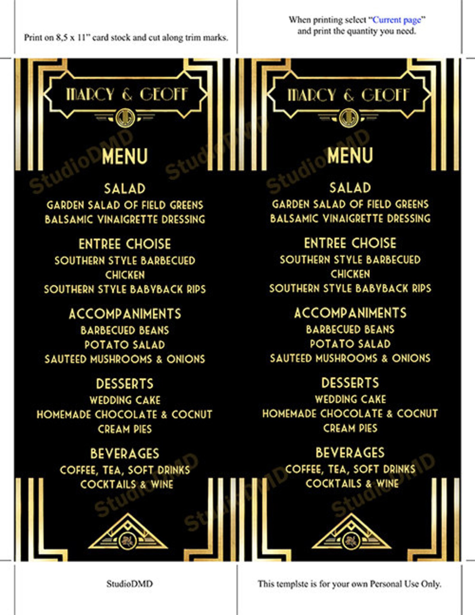 Printable Menu Card Template Great Gatsby Style Art Deco - Etsy