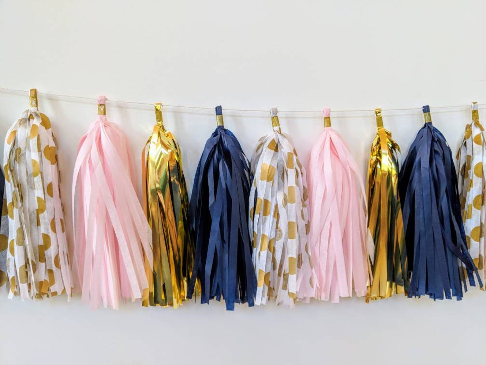 Pink and Blue Tassels, Blush Gold Navy and Gold Polkadot Tassel Garland ...