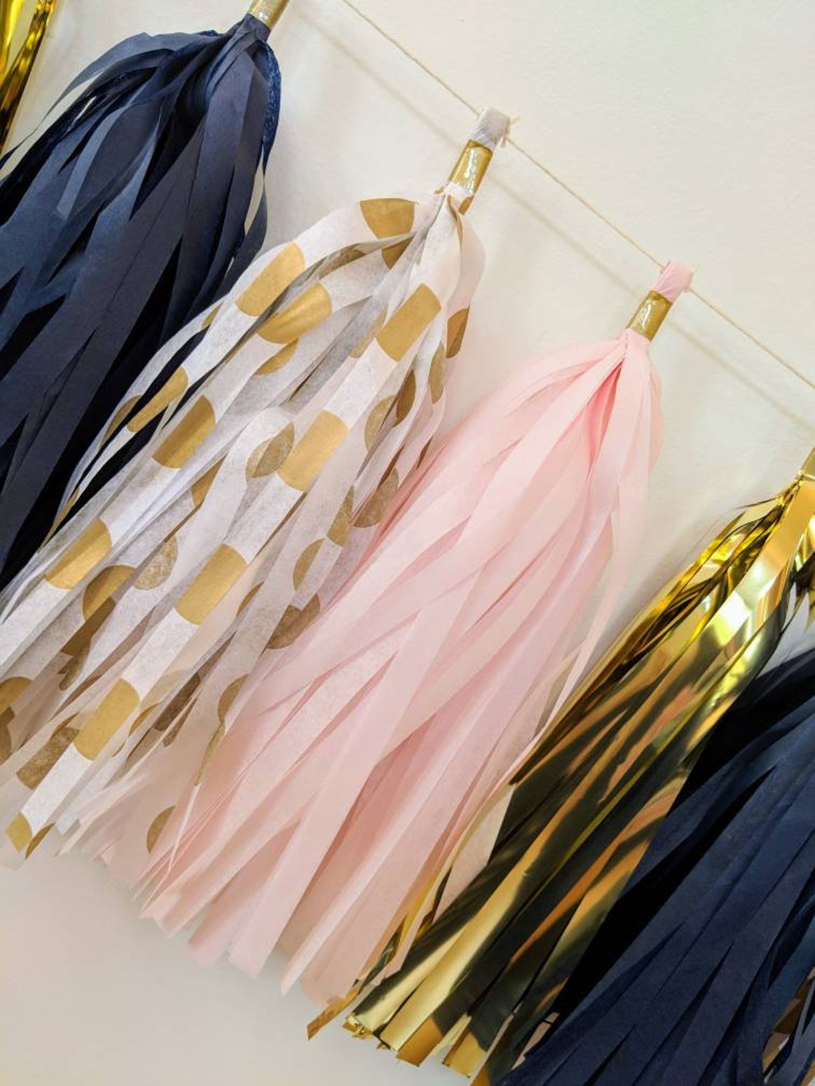 Pink and Blue Tassels, Blush Gold Navy and Gold Polkadot Tassel Garland ...