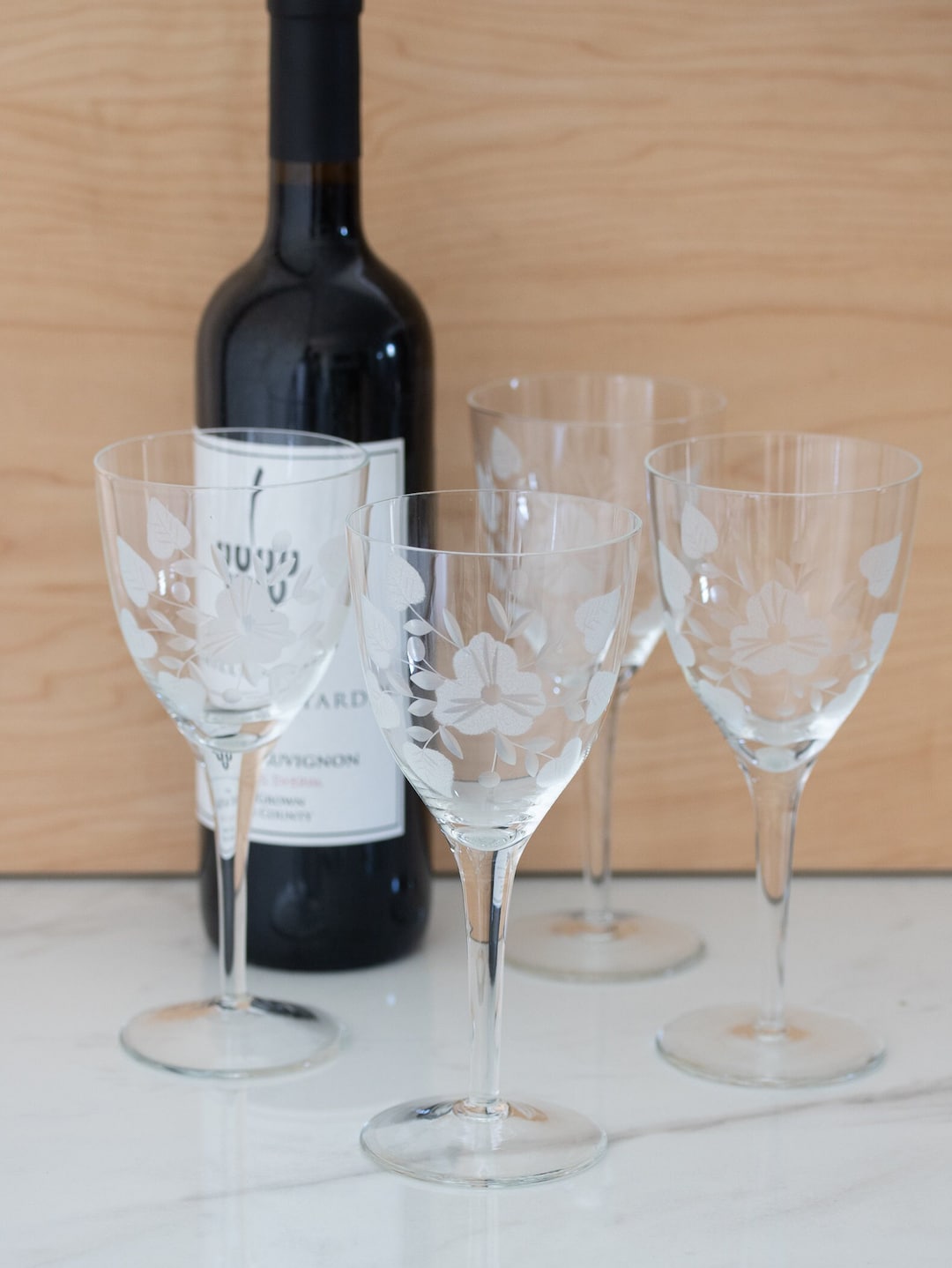 Beautiful Wine Glasses With Etched Flower Design Set of 4 - Etsy
