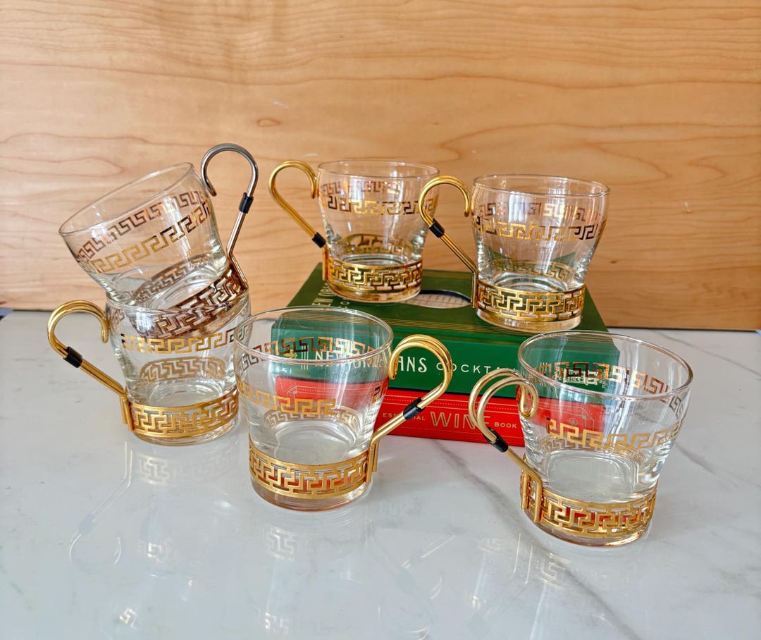 Gold Greek Key Glass Set in Brass Holders, Vintage Libby - Etsy
