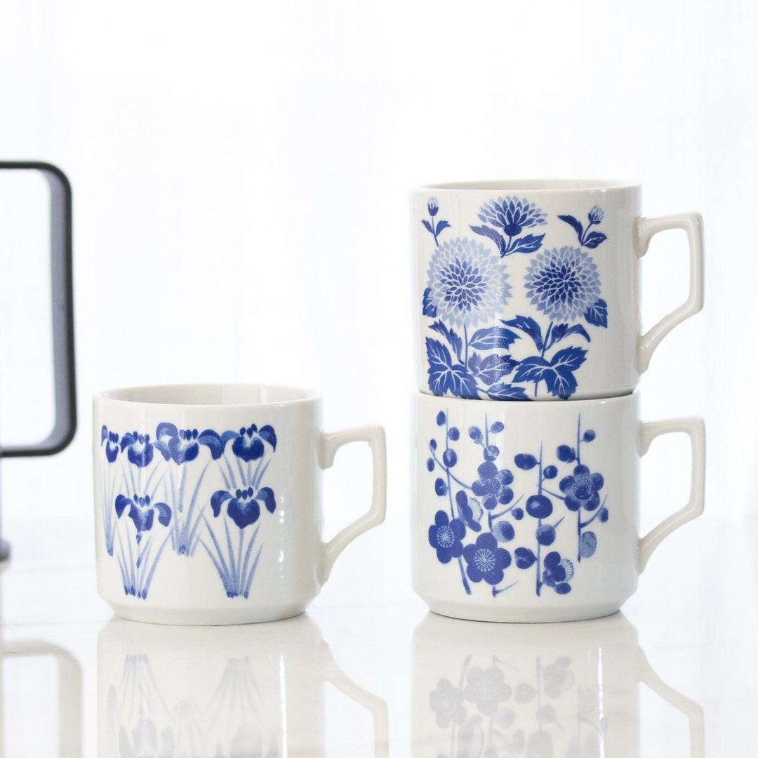 Set of Three Blue and White Floral Mugs - Etsy