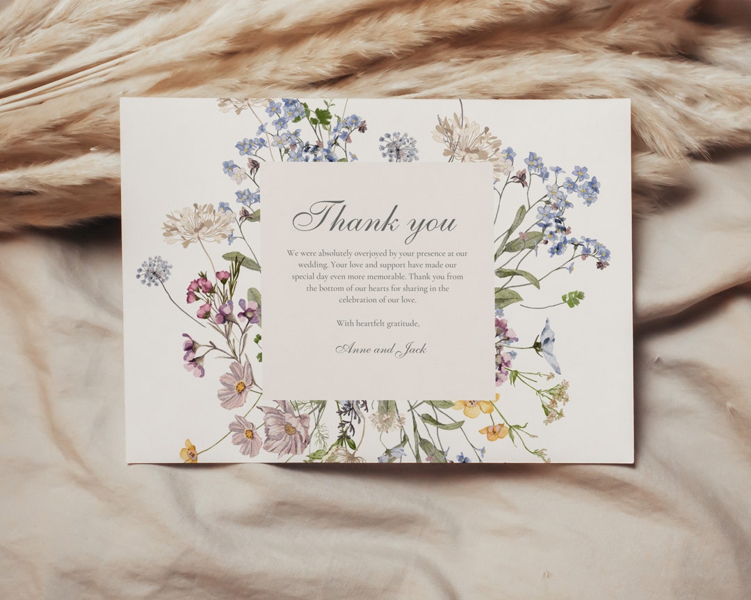 Wildflower Thankyou Card Template, Boho Thankyou Card Note, Botanical ...