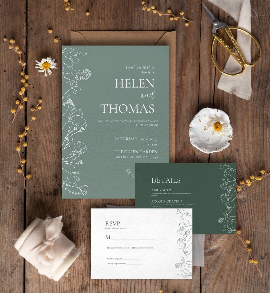Sage Wedding Invitation Suite Boho Invitation Simple Sage - Etsy