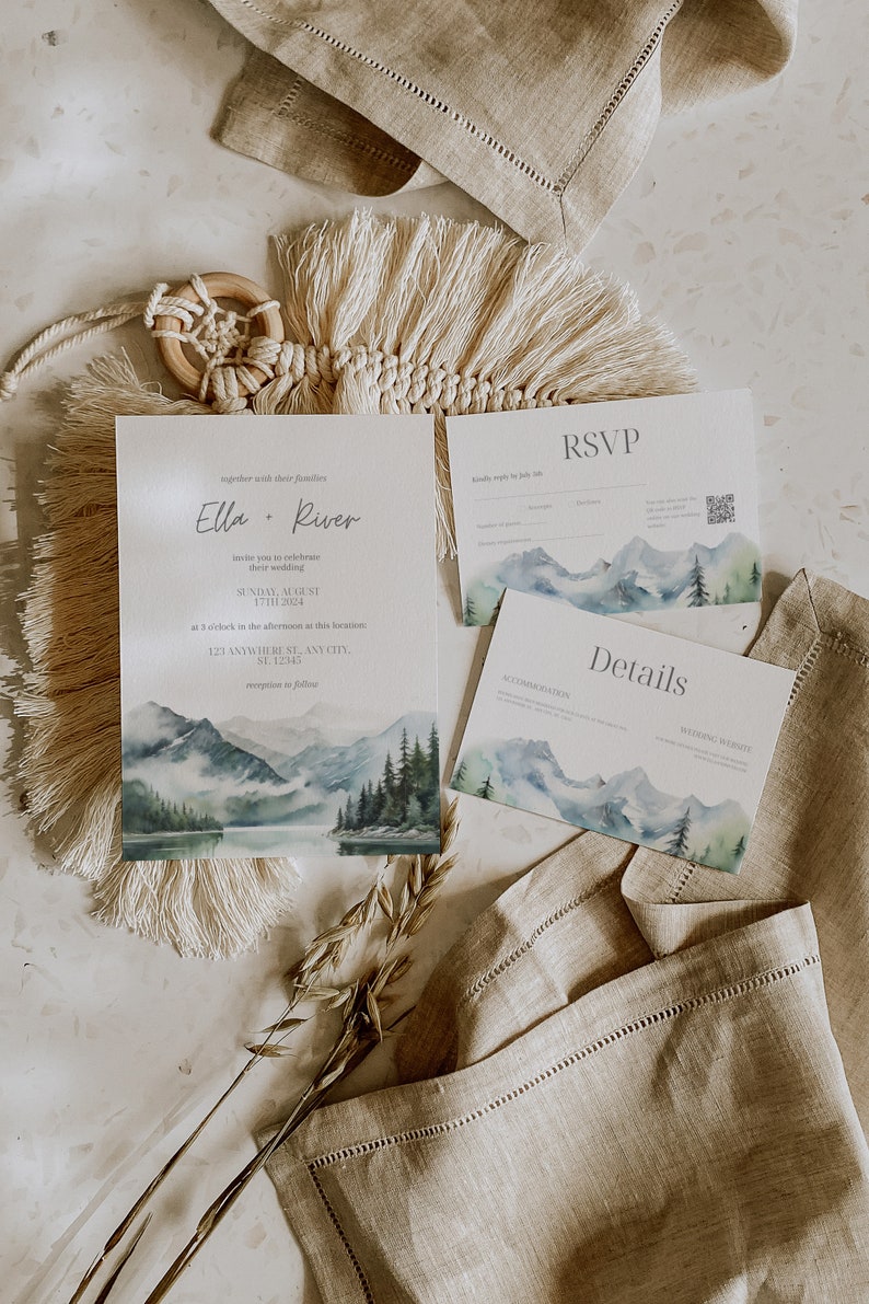 Forest Mountain Wedding Invitation Set, Pine Tree Wedding, Mountain ...