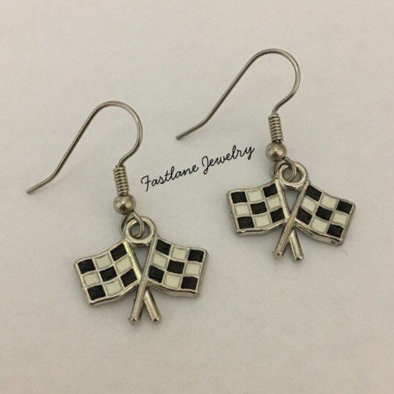 Small Double Crossed Checkered Flag Charm Earrings Racing | Etsy