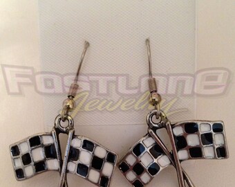 Small Double Crossed Checkered Flag Charm Earrings Racing | Etsy