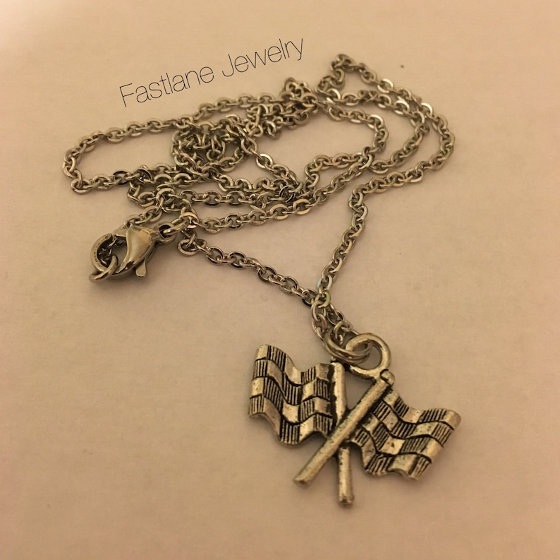 Double Silver-toned Waving Checkered Flag Charm Necklace - Etsy