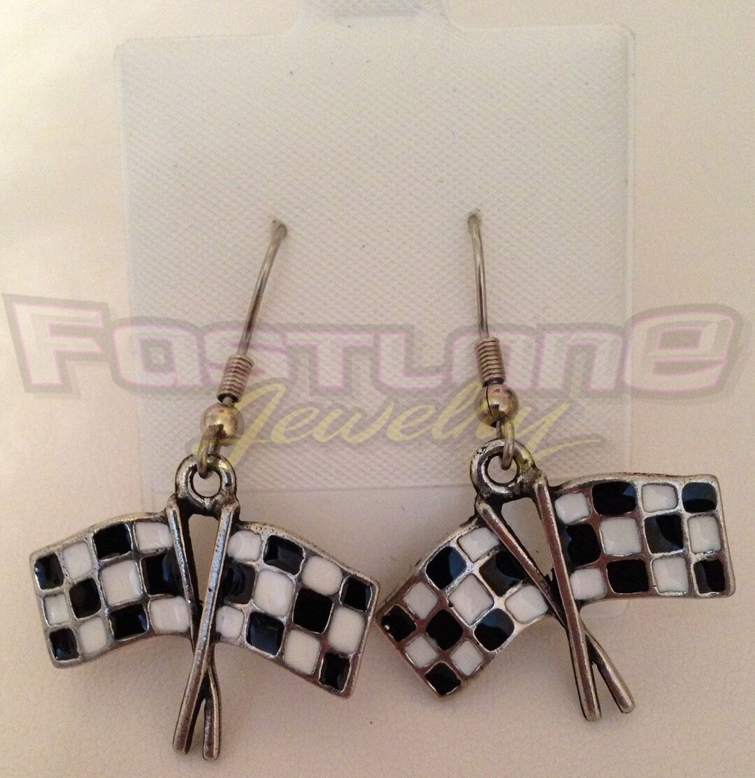 Double Crossed Checkered Flag Charm Earrings- Racing Jewelry by ...