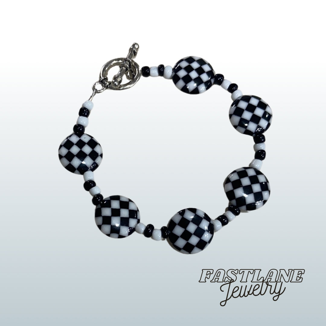 LIMITED EDITION! Black & White Round Checkered Flag Beaded Toggle ...
