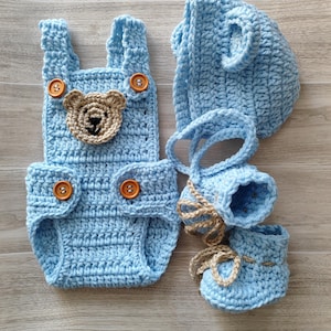 Newborn Baby Bear Set:bonnet With Ears, Romper With Applique, Booties ...