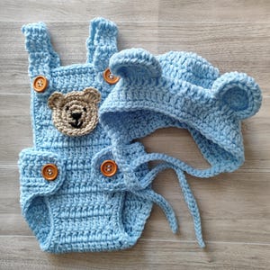 Newborn Crochet Bear Set: Bonnet With Ears, Romper With Applique ...