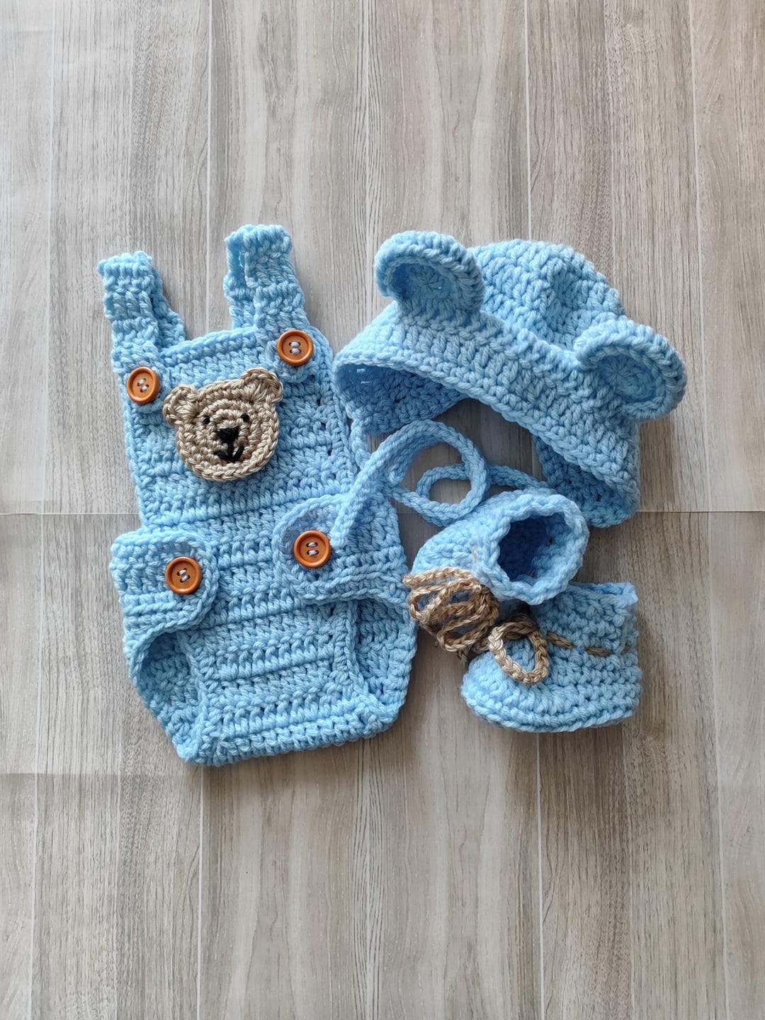 Newborn Baby Bear Set:bonnet With Ears, Romper With Applique, Booties ...
