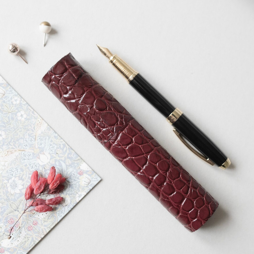 Pen Case Fountain Pen Pouch Holder, Burgundy Leather Pen Sleeve ...