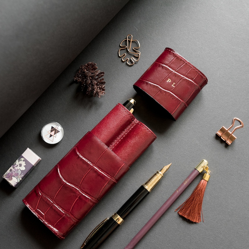 Leather Pen Case for Two Pens, Fountain Pen Case Crocodile Leather ...