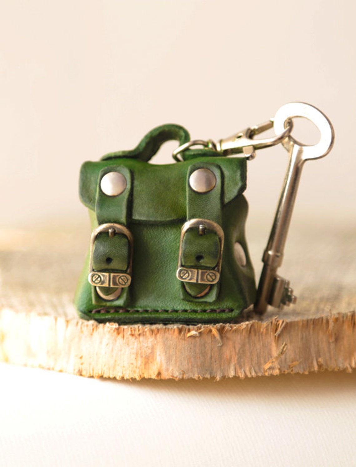 Leather Keychain Personalized Mini Keychains Green Leather | Etsy