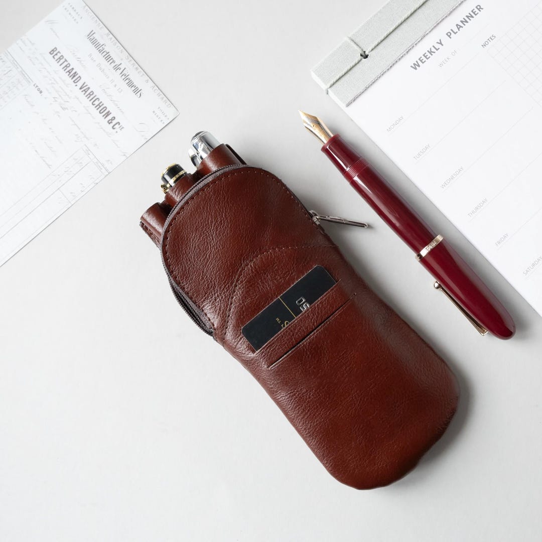 Leather 3 Pen Zipped Pouch, Pencil Case With Zipper, Fountain Pen Case ...